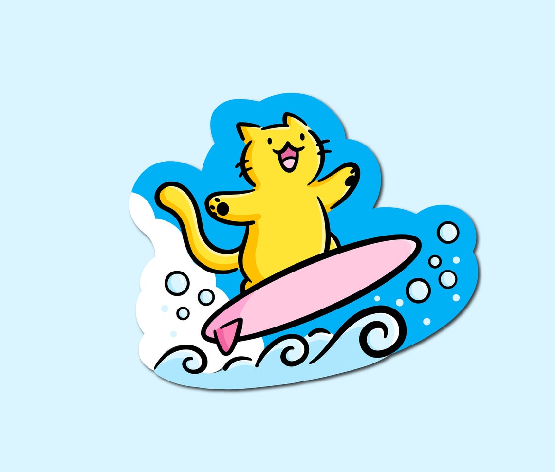 Surfing Cat Sticker Weatherproof Vinyl Sticker Kawaii Sticker Surfing ...