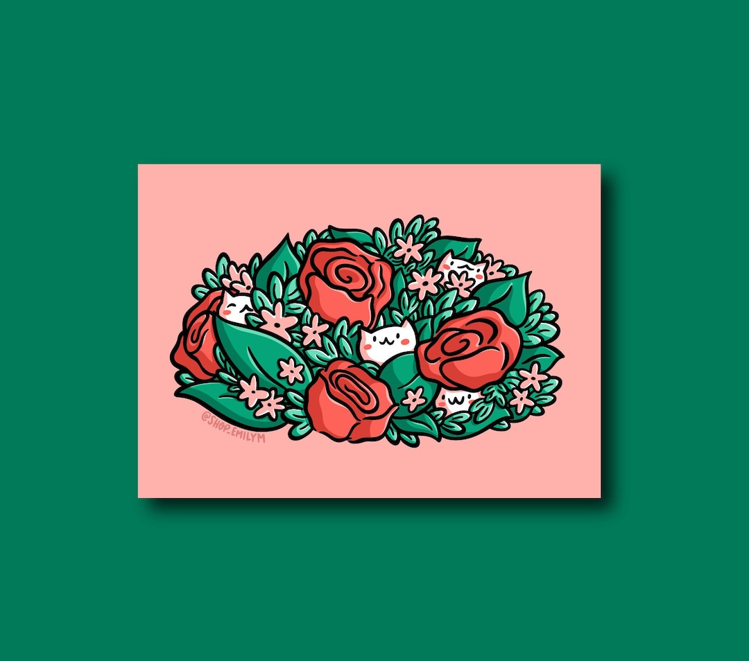 Rose Cats Print | Cute Cat Print | Pink Cats Print | Red Roses Art ...
