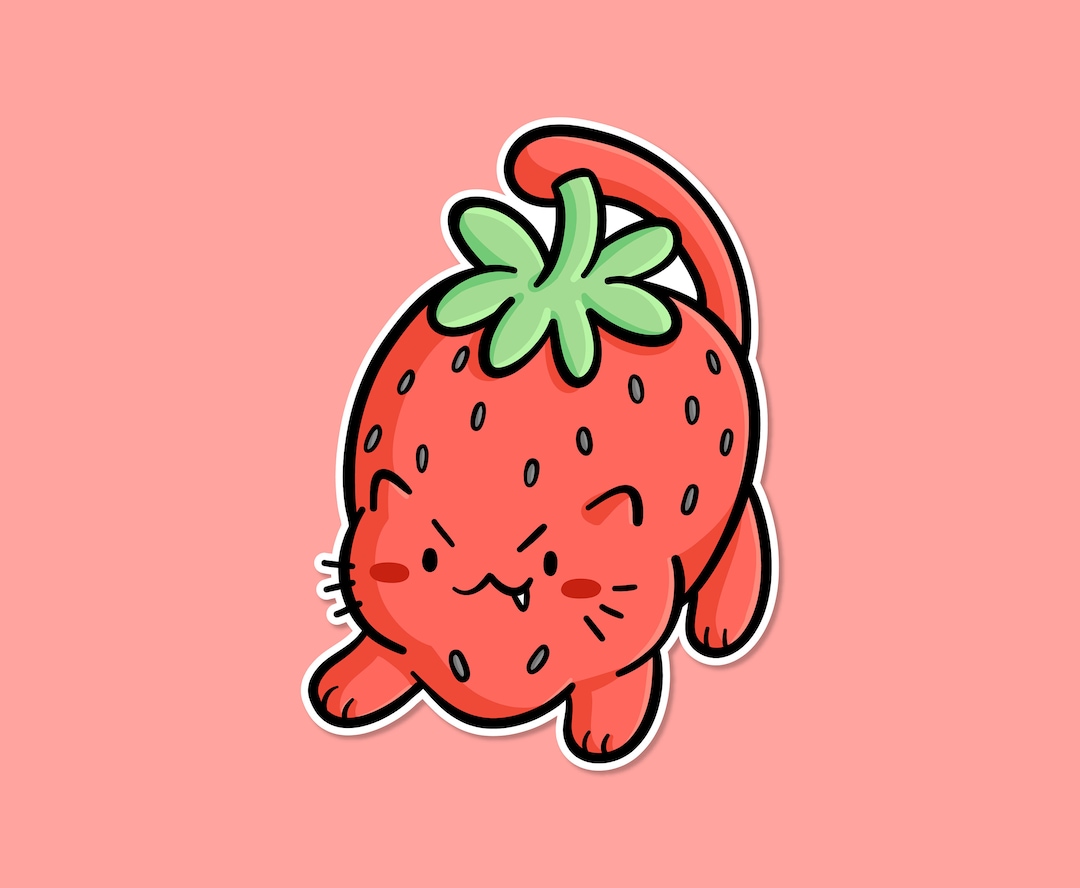 Strawberry Cat Vinyl Sticker | Waterproof Sticker | Cute Cat Stickers ...