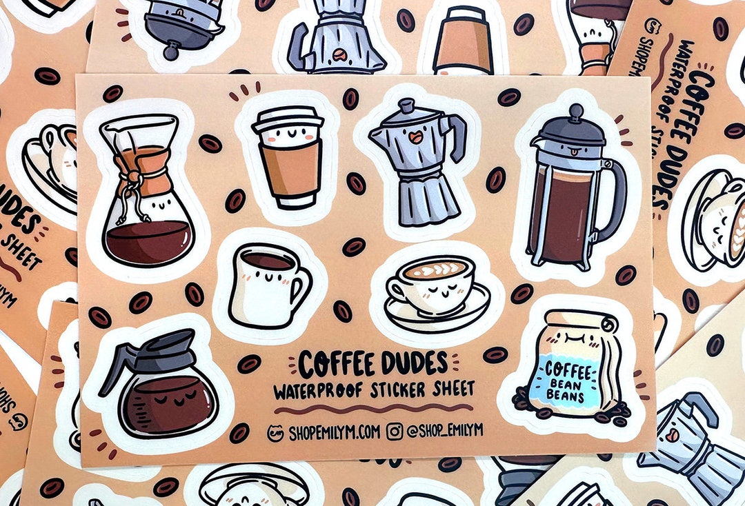 Coffee Dudes Waterproof Sticker Sheet | Mini Vinyl Stickers | Cute ...