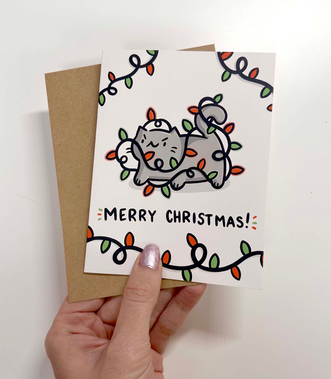 Little Christmas Light Cat Holiday Card | Gray Cat Card| Christmas Card ...