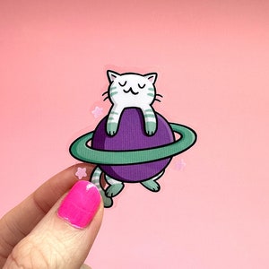 Clear Mini Saturn Cat Sticker | Waterproof Sticker | Kawaii Vinyl ...