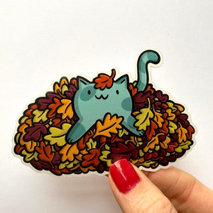 Fall Leaves Cat Vinyl Sticker | Weatherproof Vinyl Sticker | Kawaii Cat ...
