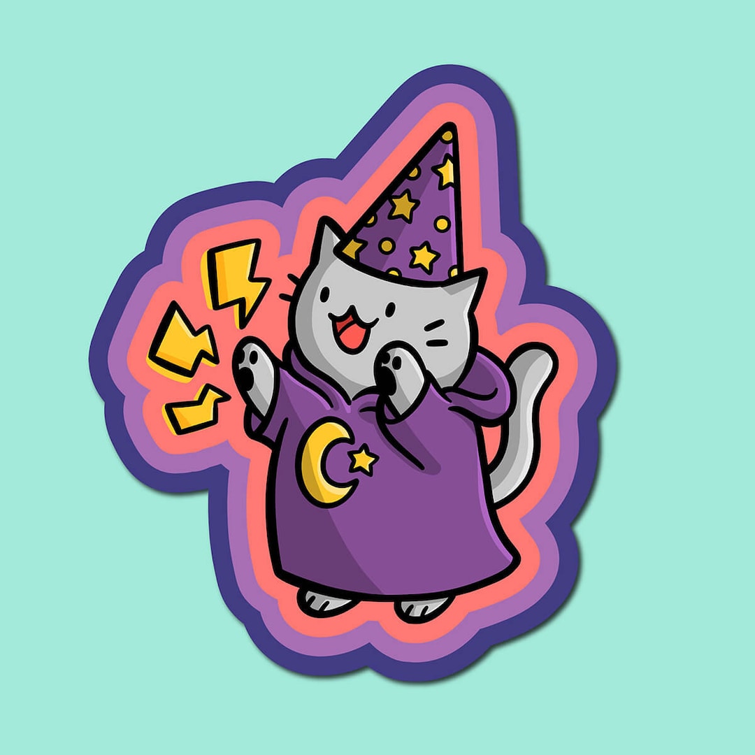 Wizard Kitty Vinyl Sticker | Cute Gray Cat Sticker | Witch Sticker ...