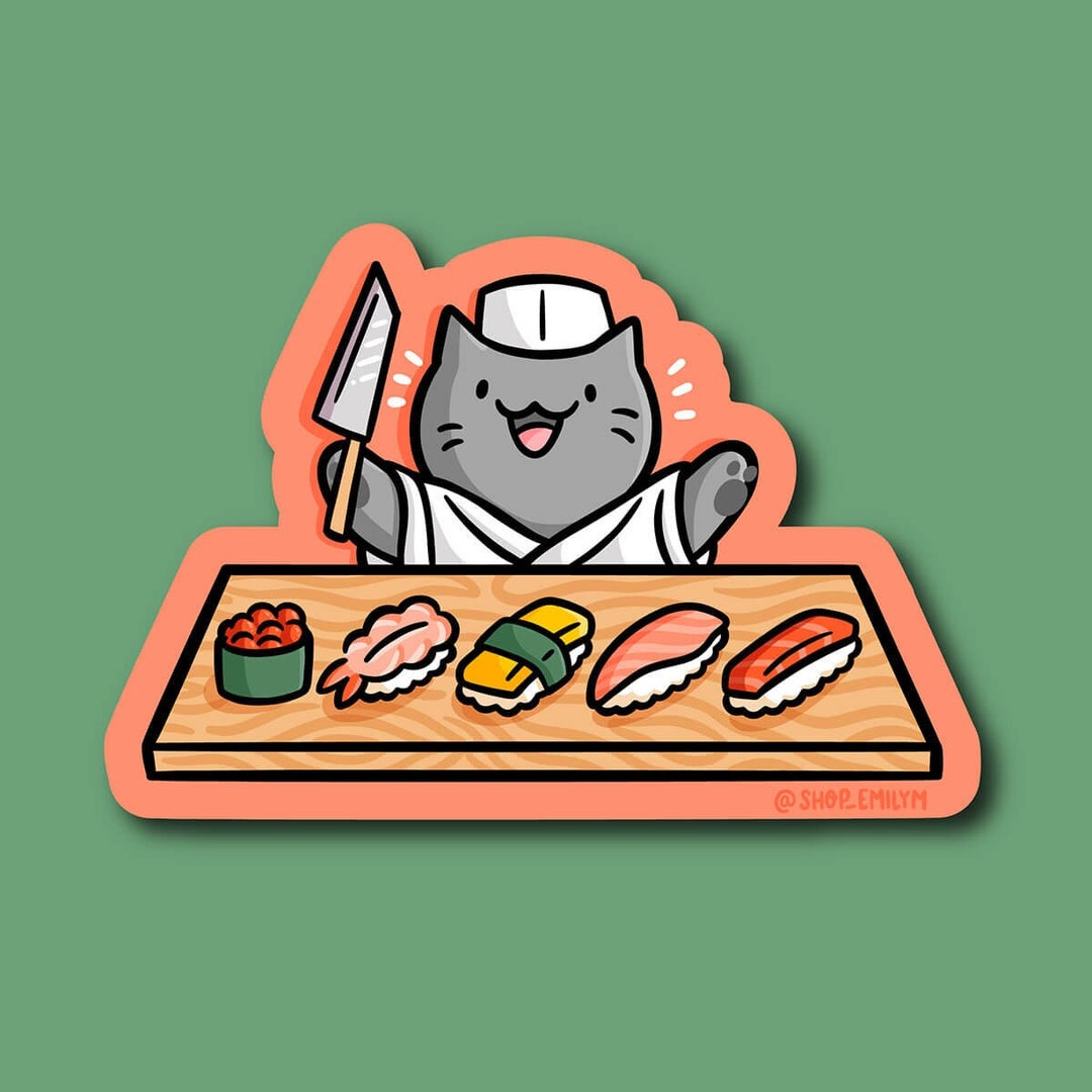 Sushi Chef Cat Sticker | Weatherproof Vinyl Sticker| Kawaii Sticker ...