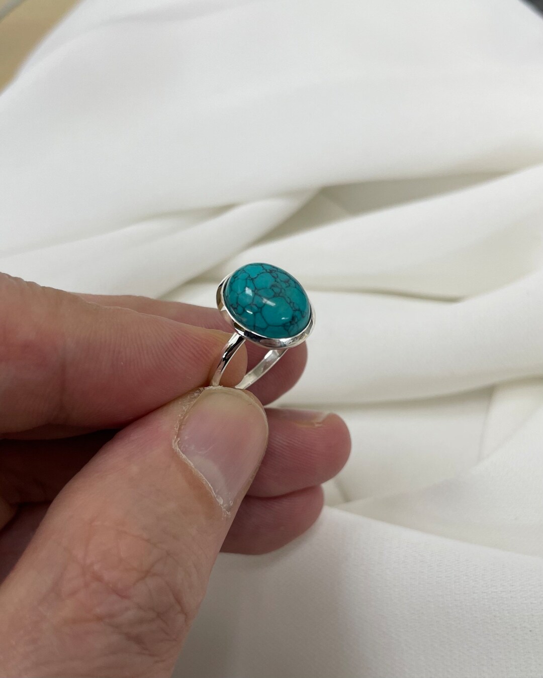 Reconstructed Turquoise Bluestone 925 Sterling Silver Turquoise Ring Oval Shape Synthetic ...