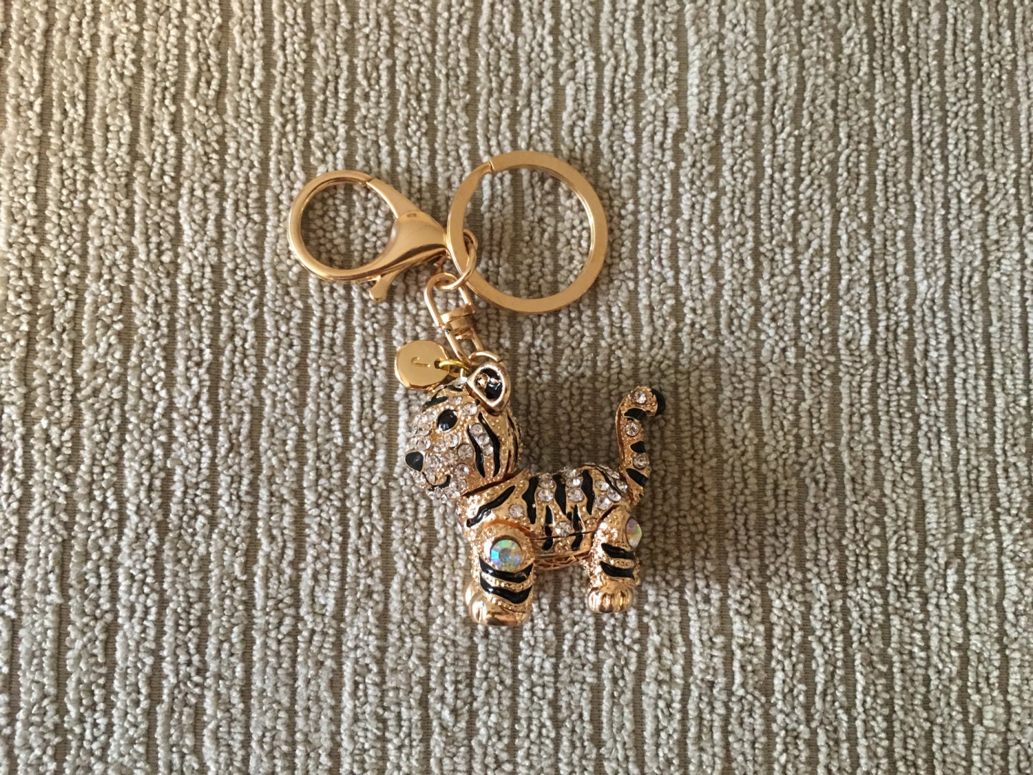 Gold tiger keychain rhinestone keychain gold keychain with | Etsy