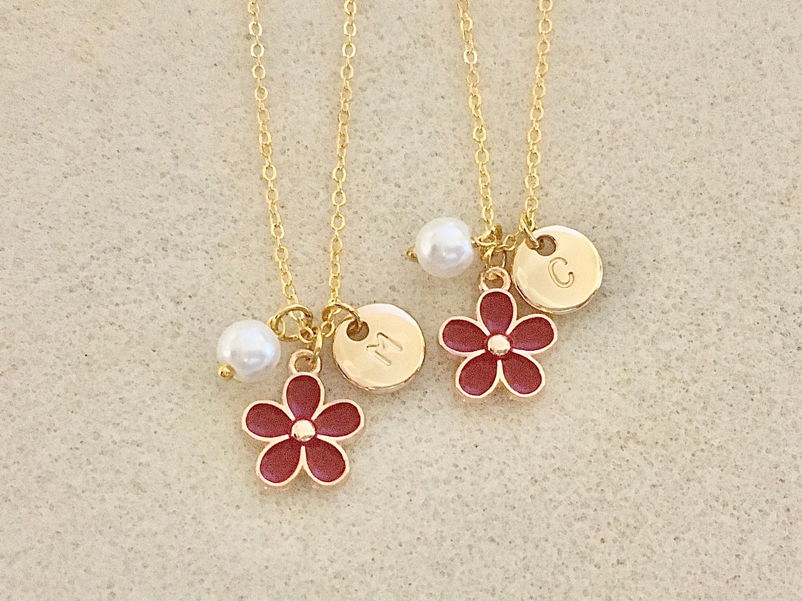 Red Gold Flower Necklace for Flower Girl Burgundy Gift Ideas | Etsy