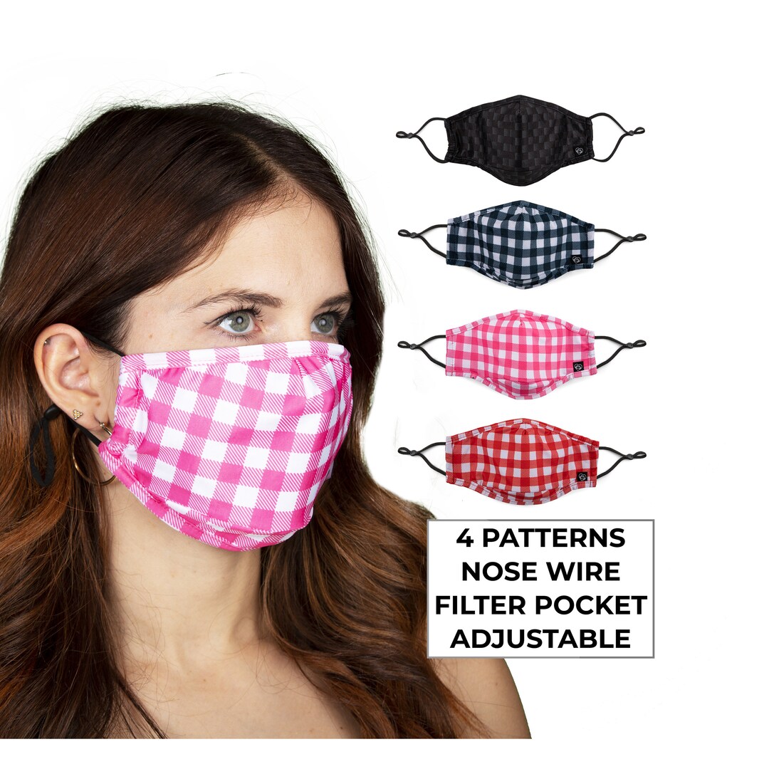 Plaid Pattern Face Mask for Adults. Filter Pocket, Nose Wire, Washable ...