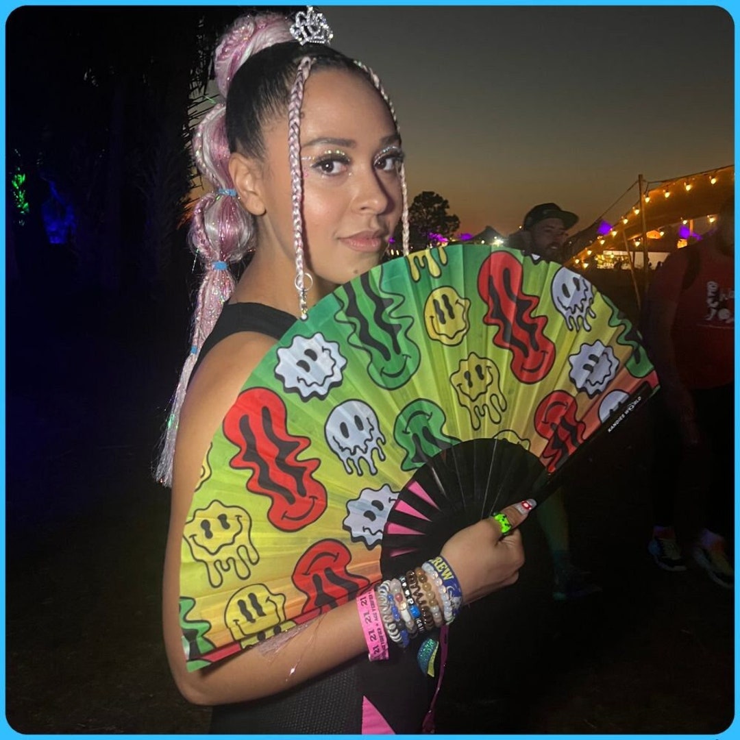 Rasta Drippy Smiley UV Reactive Custom Festival Folding Hand Fan Large ...
