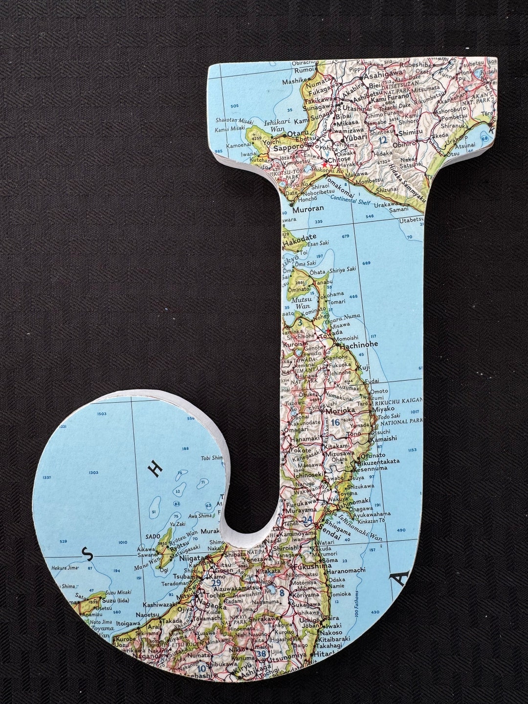 J, Wooden Letter J Decorated Wood Letter, Vintage 1963 Map of Japan ...