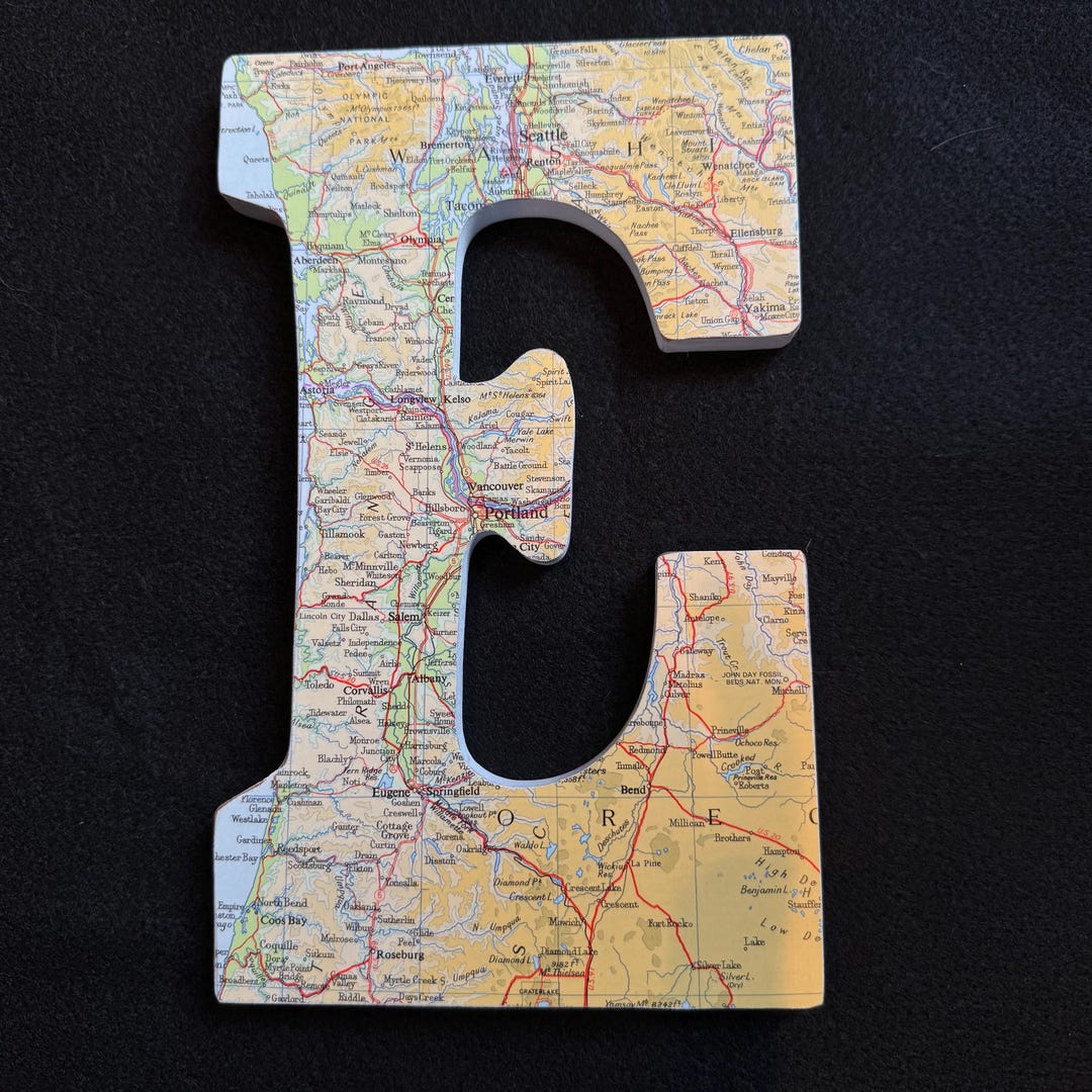 E, Decorated Wood Letter E, PNW Map With Washington Oregon, Pacific ...
