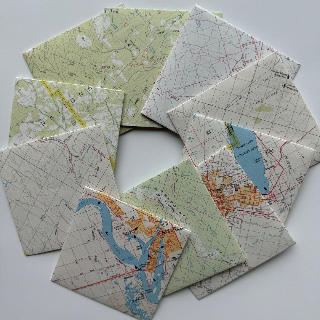10 Upcycled Paper Envelopes Handmade Repurposed Map Square Approx 3 1/8 ...