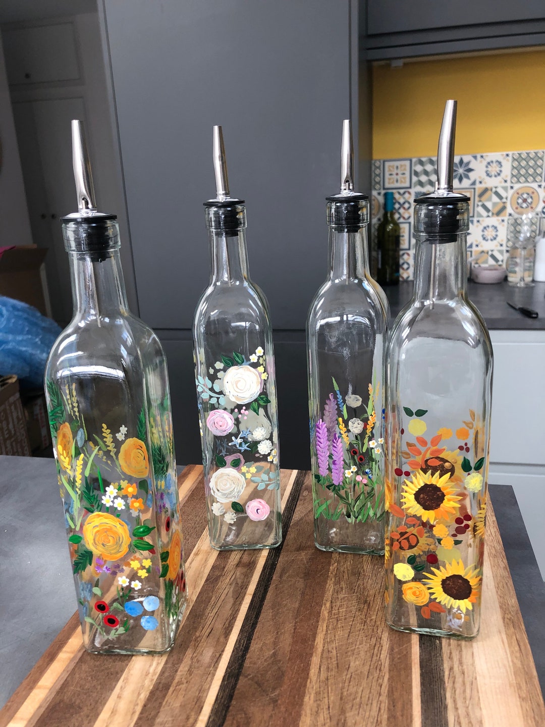 Hand Painted Floral Oil Bottle (500ml) - Kitchen Decor - Etsy