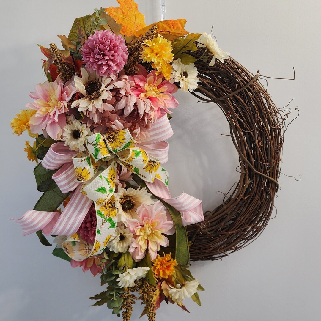 Pink Fall Front Door Wreath, Pink Fall Wreath, Mum Wreath, Non ...