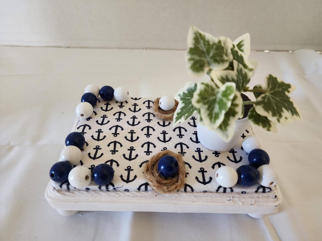 Anchor Shelf Sitter, Navy and White Nautical Tray, Rustic Tray, Beaded ...