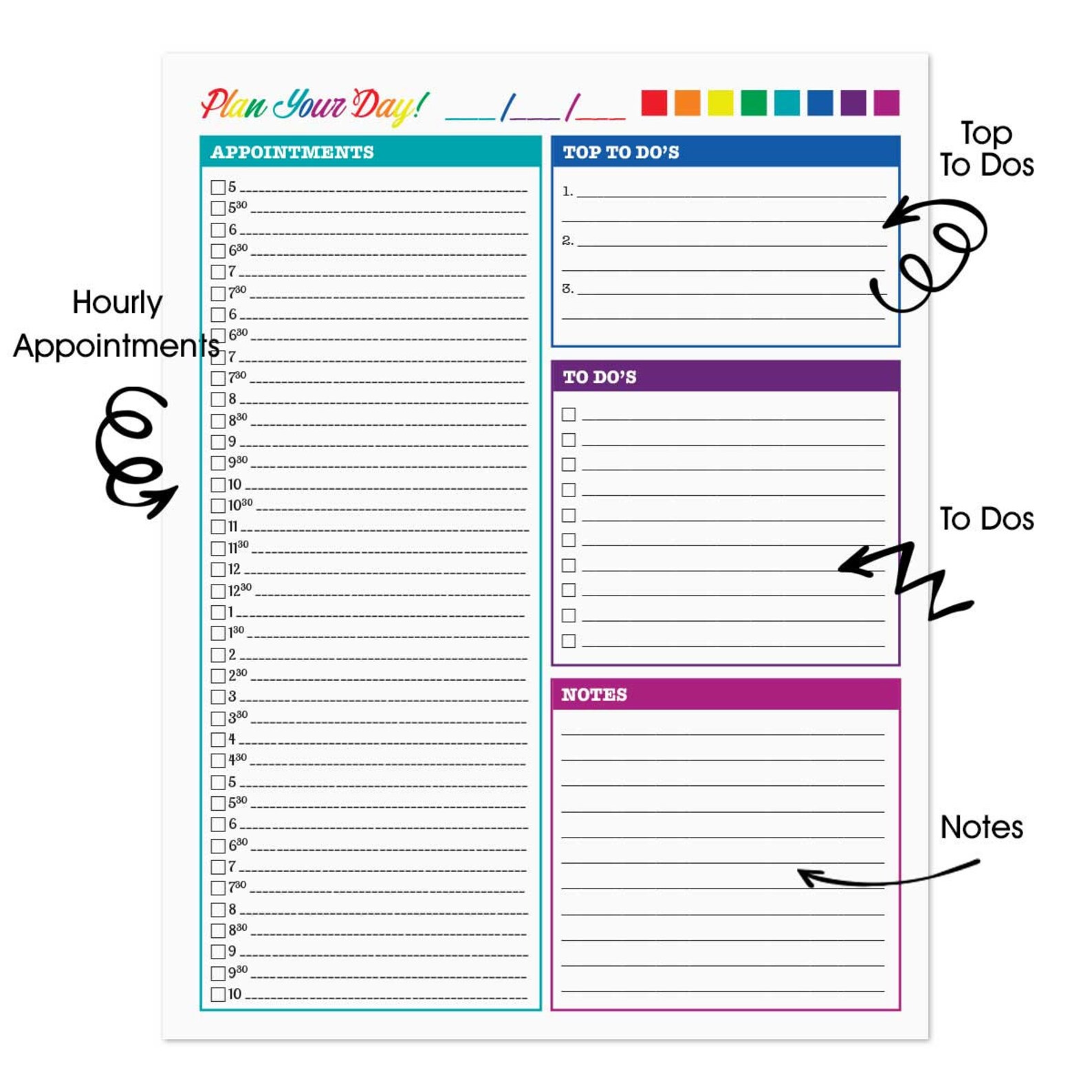 Hourly Printable Planner Page Rainbow Journal Daily Pages US Letter ...