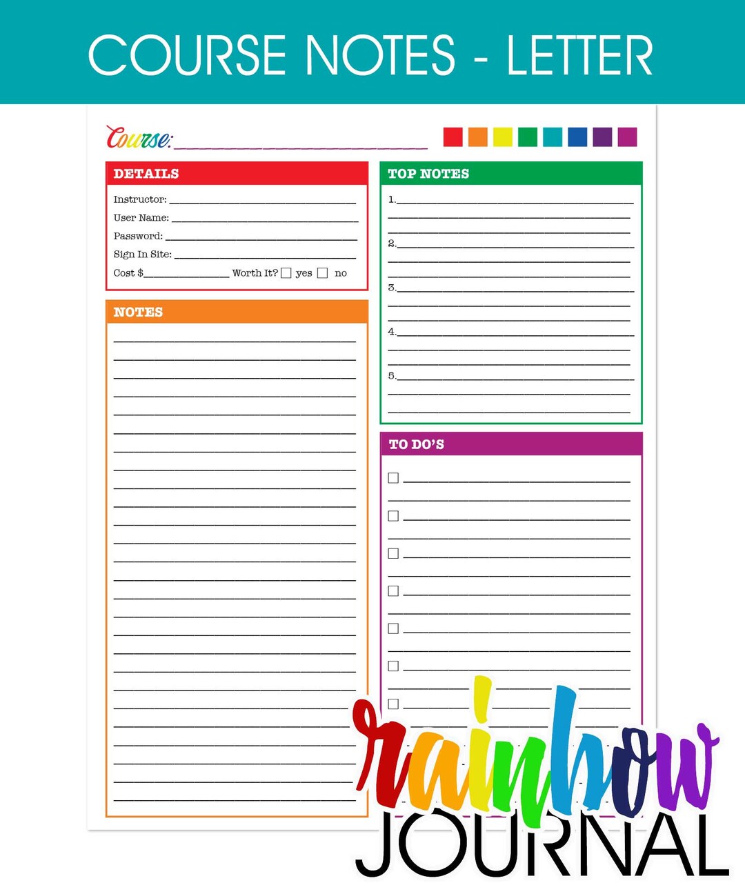 Course Notes Printable Rainbow Journal Planner Page How to Take Courses ...