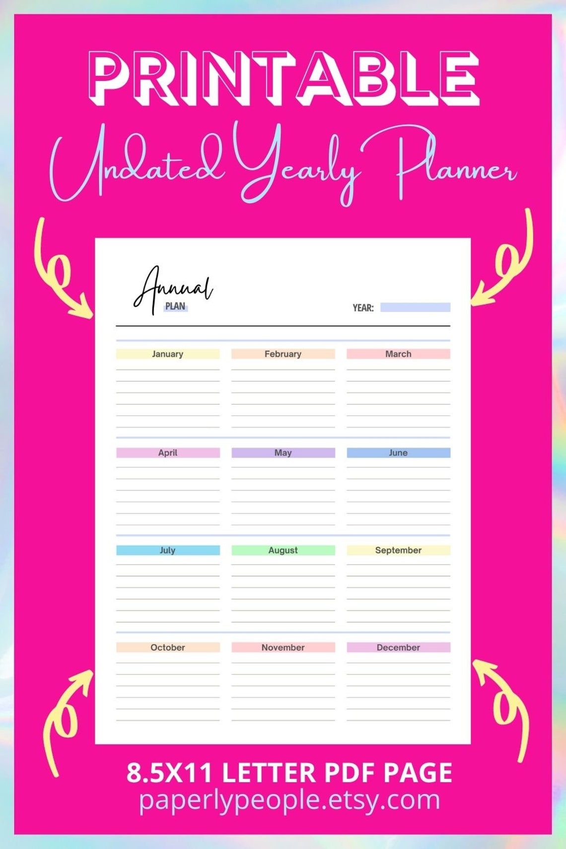 12 Month Goal Planner Undated Yearly Goal Sheet Minimalist Planner 8 ...