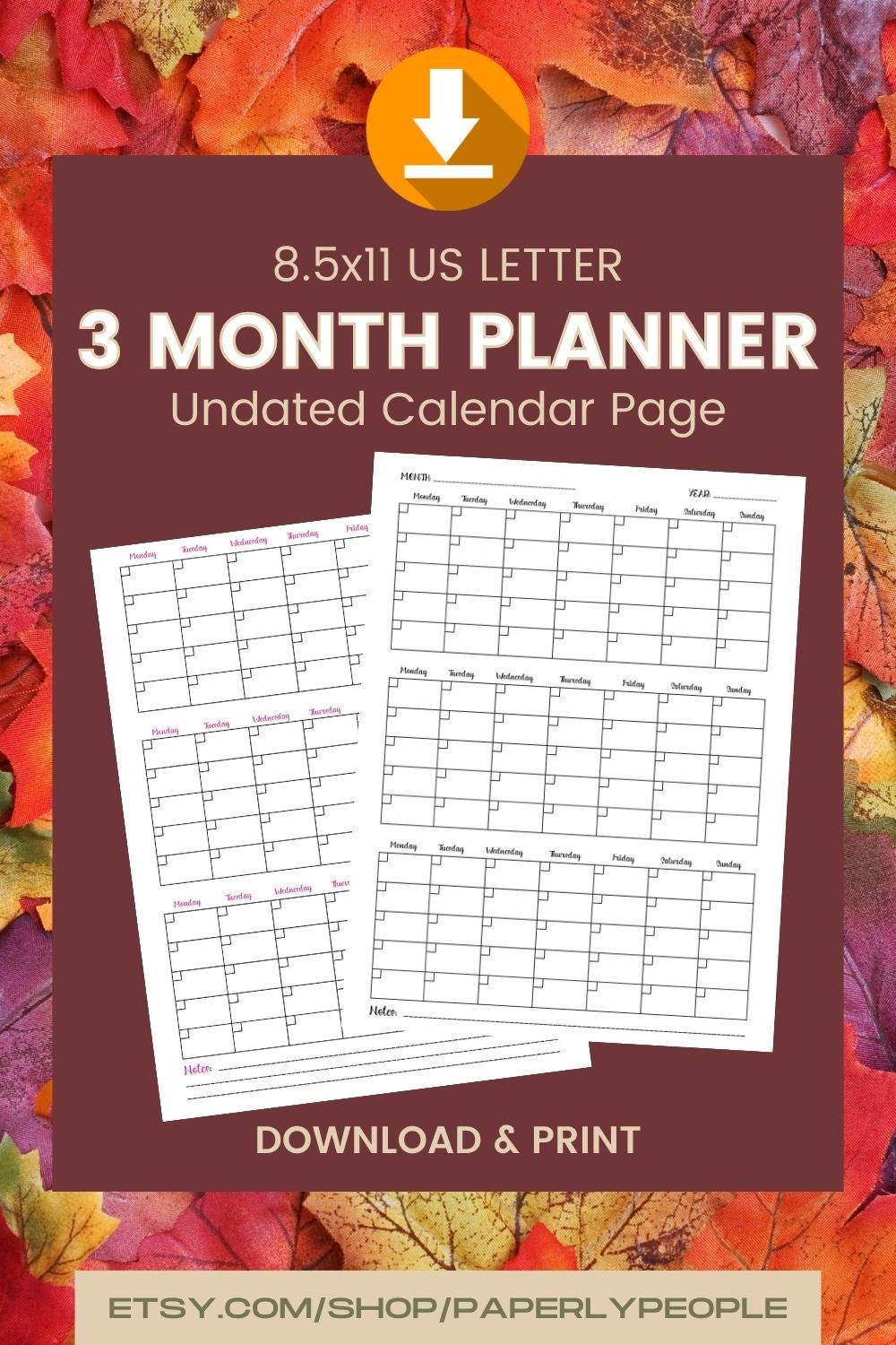 3 Month Calendar | Printable Planner Sheet | 8.5X11 Letter Sized ...