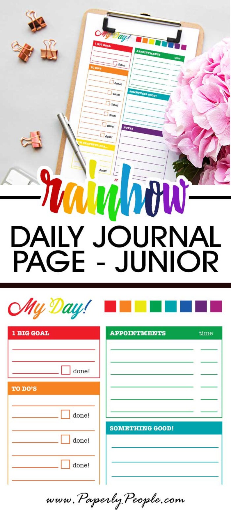 Rainbow Journal Daily Printable Planner Page, Junior Half Size ...