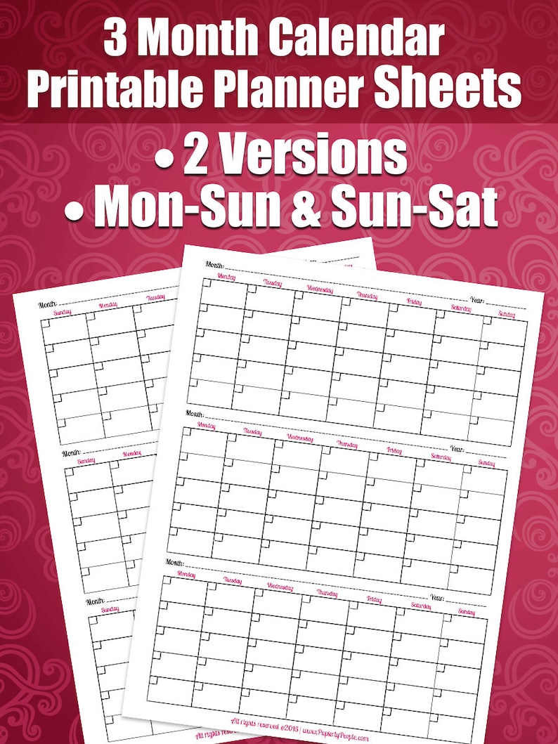 3 Month Calendar - Printable Planner Sheets, 8.5X11 Letter Sized, Great ...