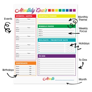 Rainbow Journal Monthly Printable Planner Page, US Letter Size 8.5 X 11 ...