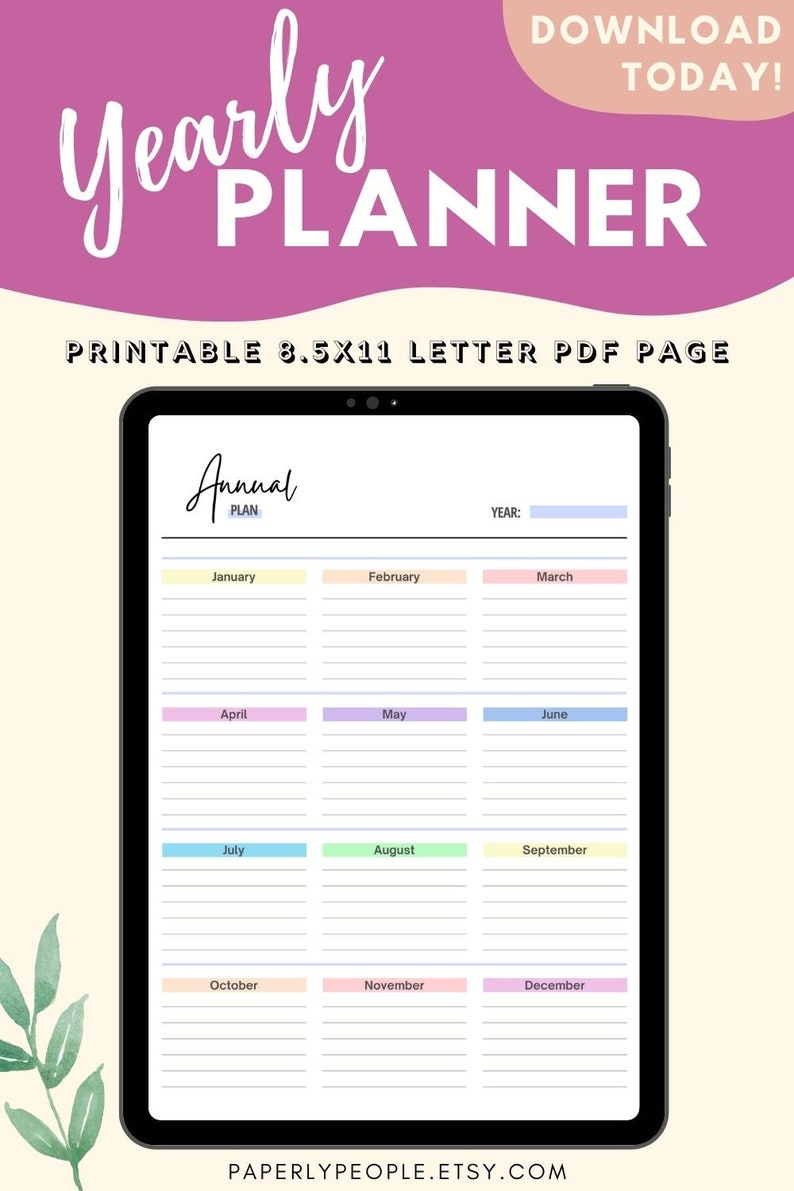 12 Month Goal Planner Undated Yearly Goal Sheet Minimalist Planner 8 ...