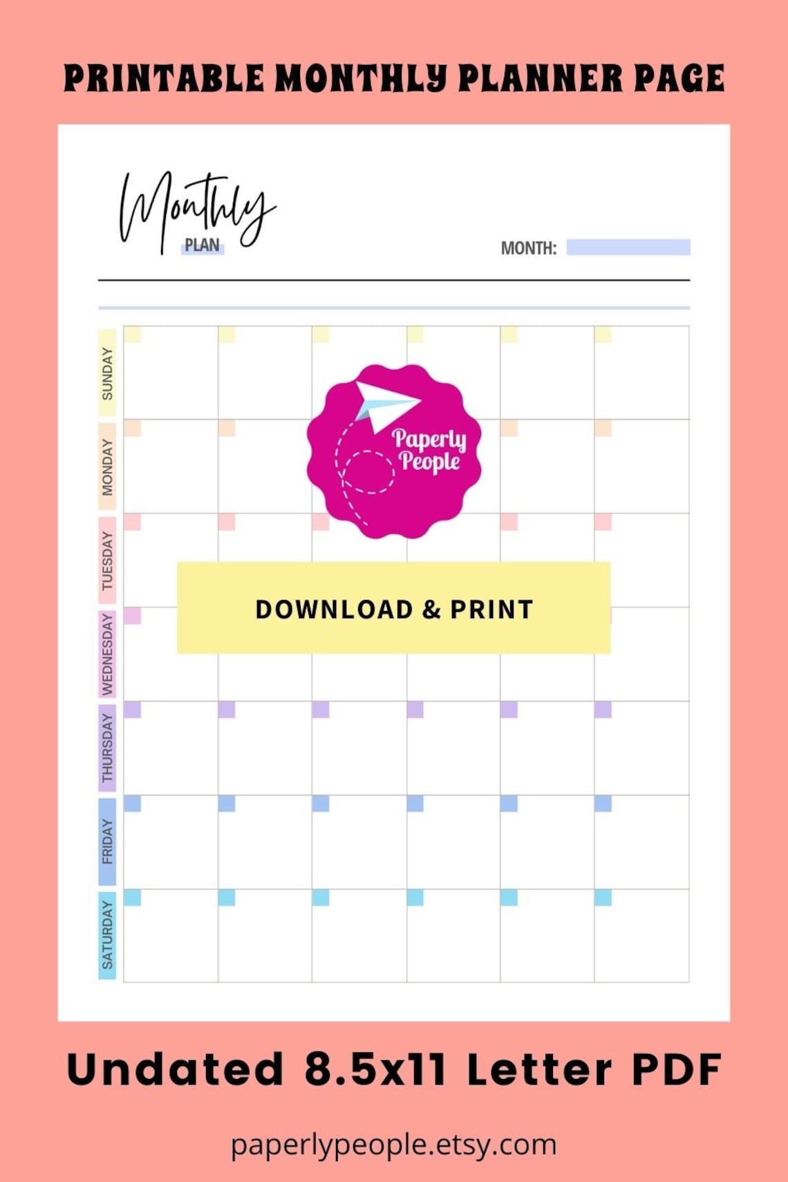 Printable Monthly Planner Undated Monthly Calendar Sheet Minimalist ...