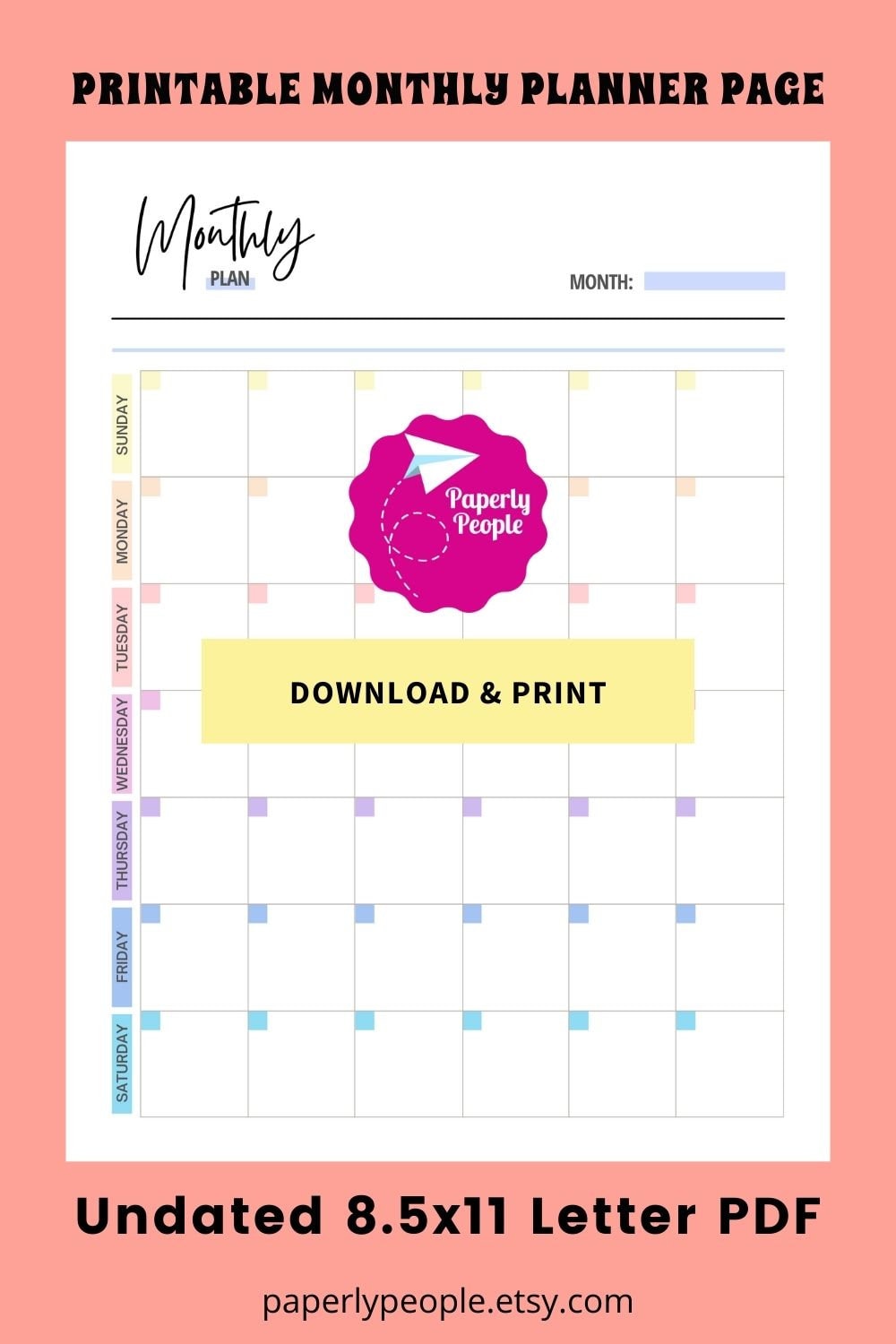 Printable Monthly Planner Undated Monthly Calendar Sheet Minimalist ...
