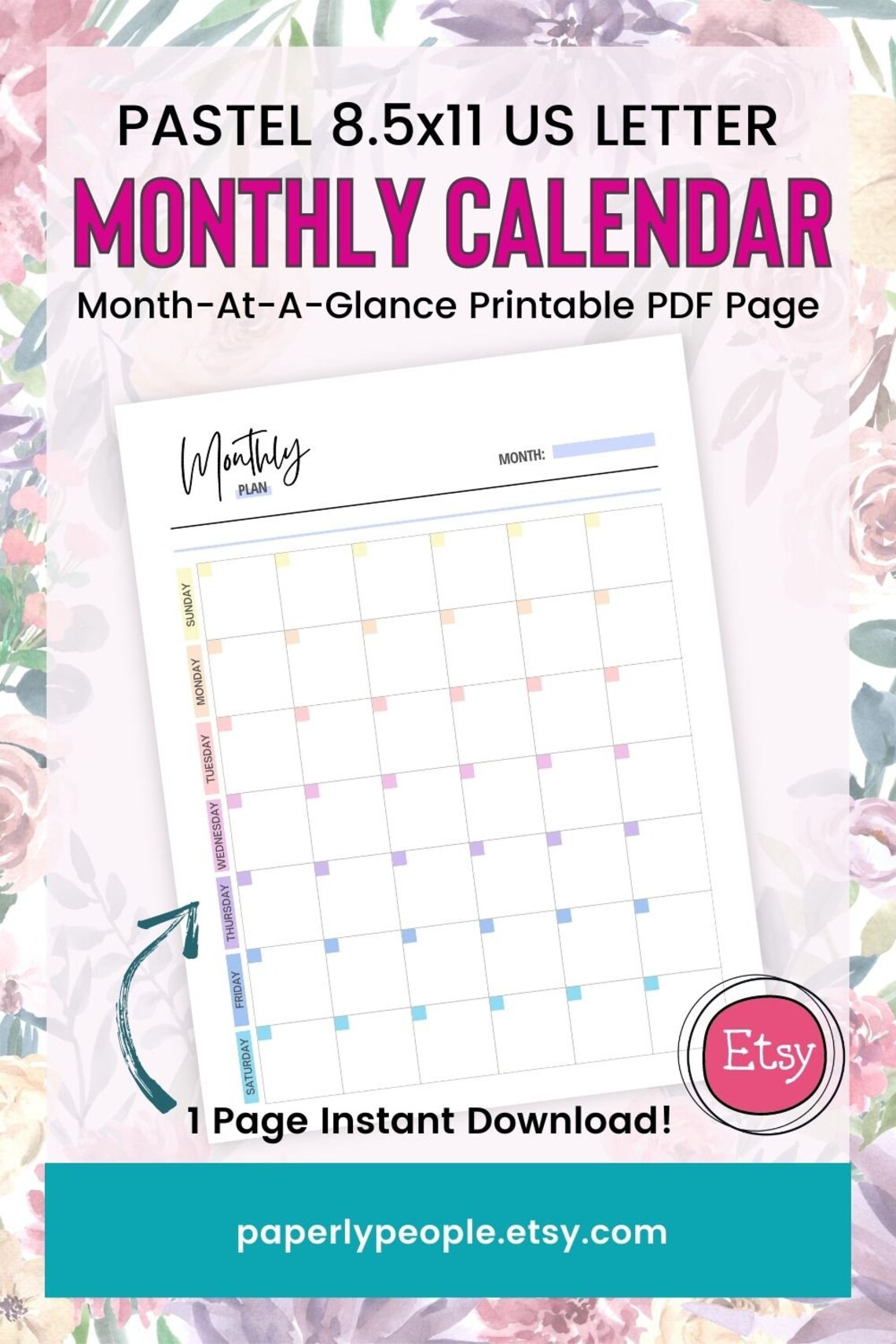 Printable Monthly Planner Undated Monthly Calendar Sheet Minimalist ...