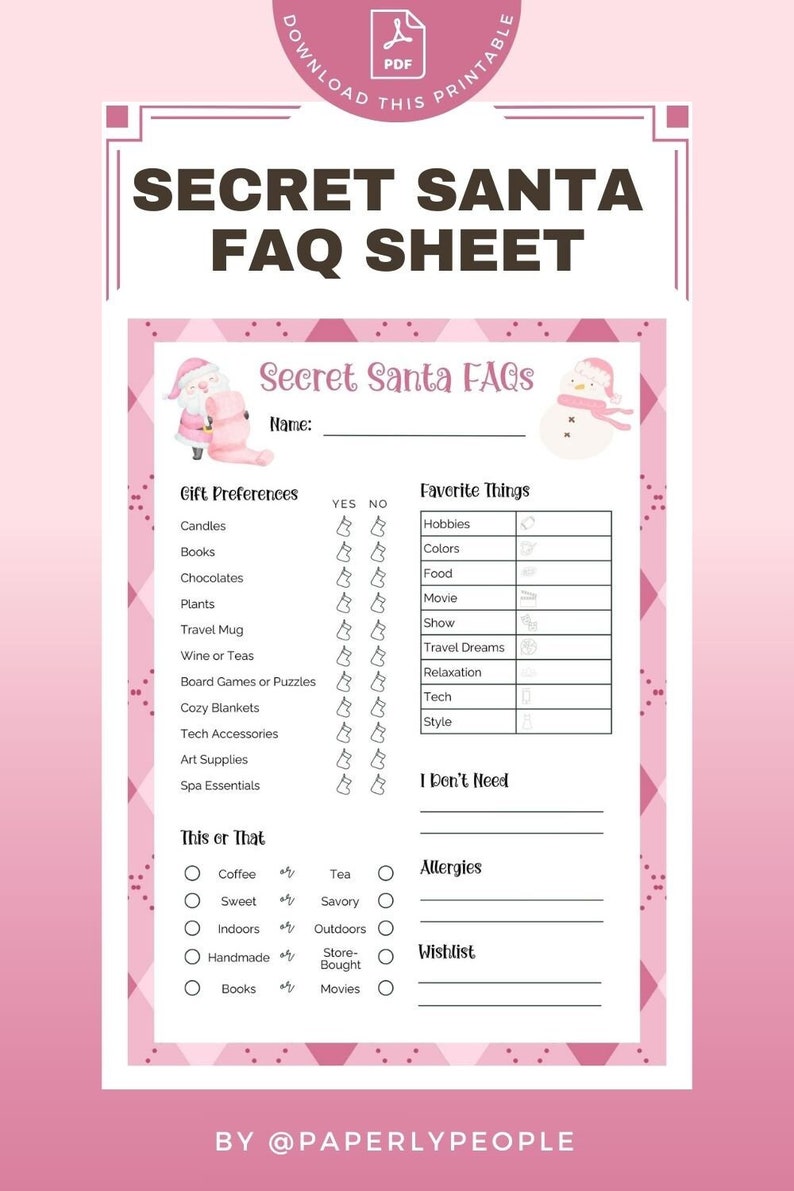 Secret Santa Questionnaire | 8.5x11 Printable PDF | Gift Exchange ...