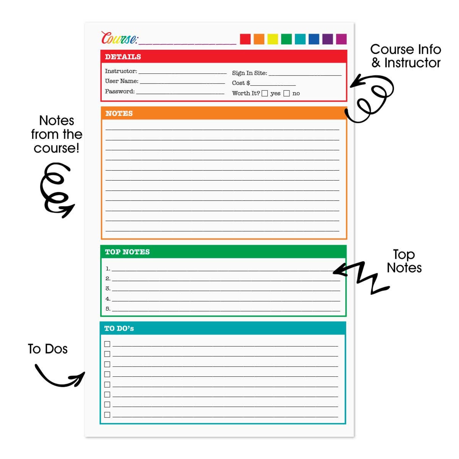 Course Notes Worksheet Rainbow Journal, Junior Half Size, Planners ...