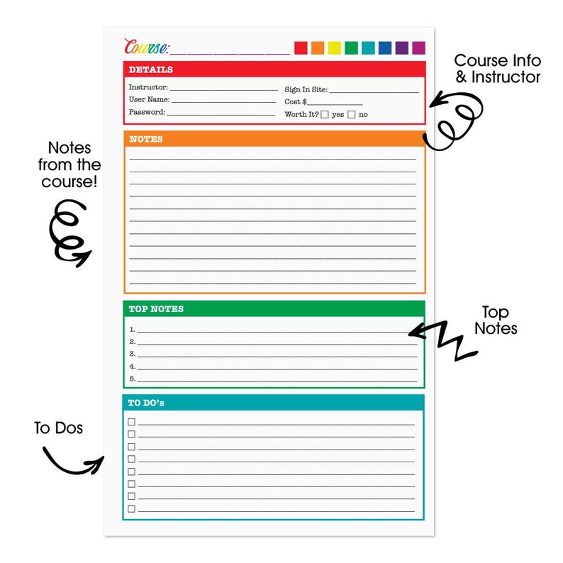Course Notes Worksheet Rainbow Journal, Junior Half Size, Planners ...