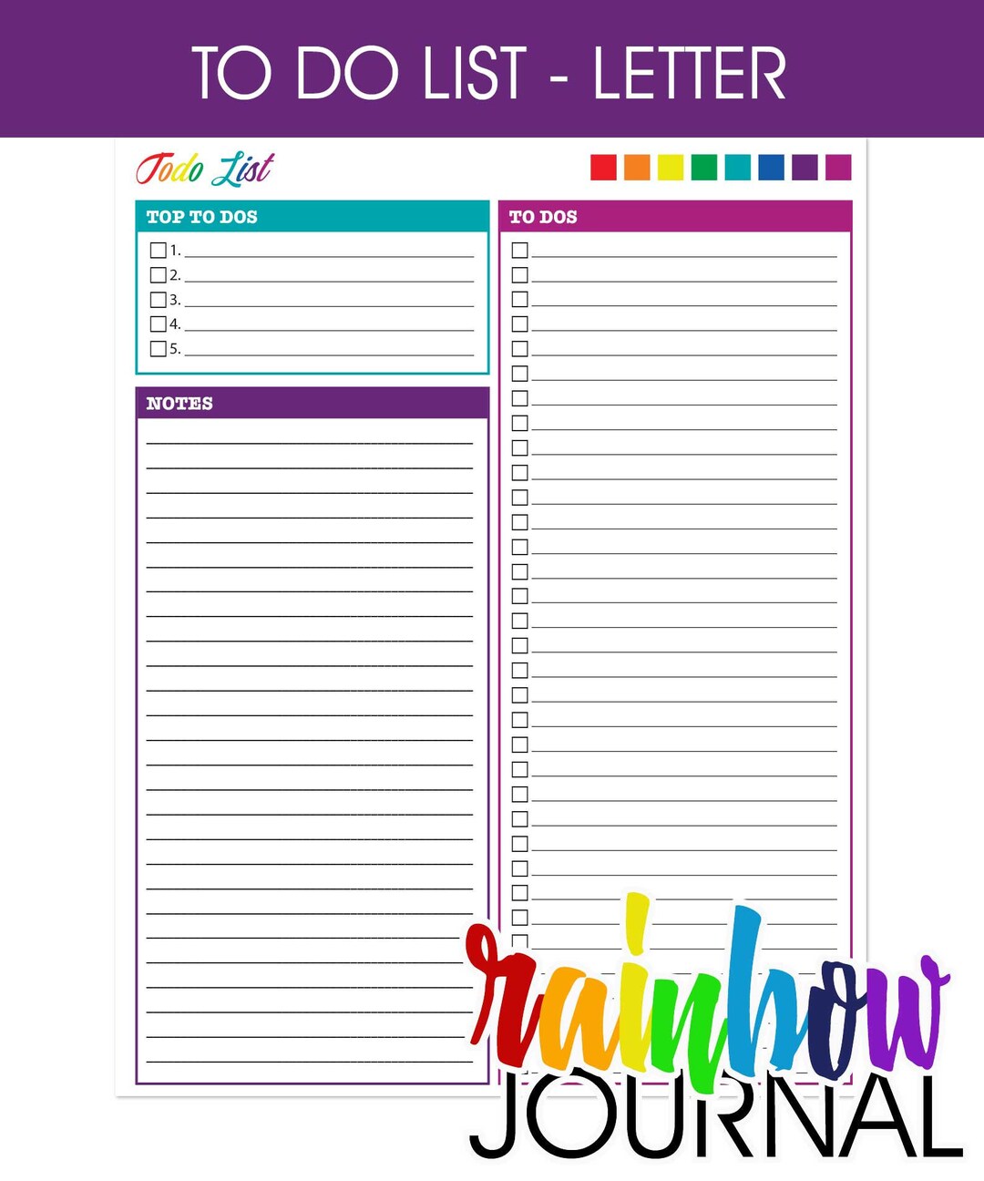 To Do List Rainbow Journal Printable to Do List Planner Page Task Notes ...