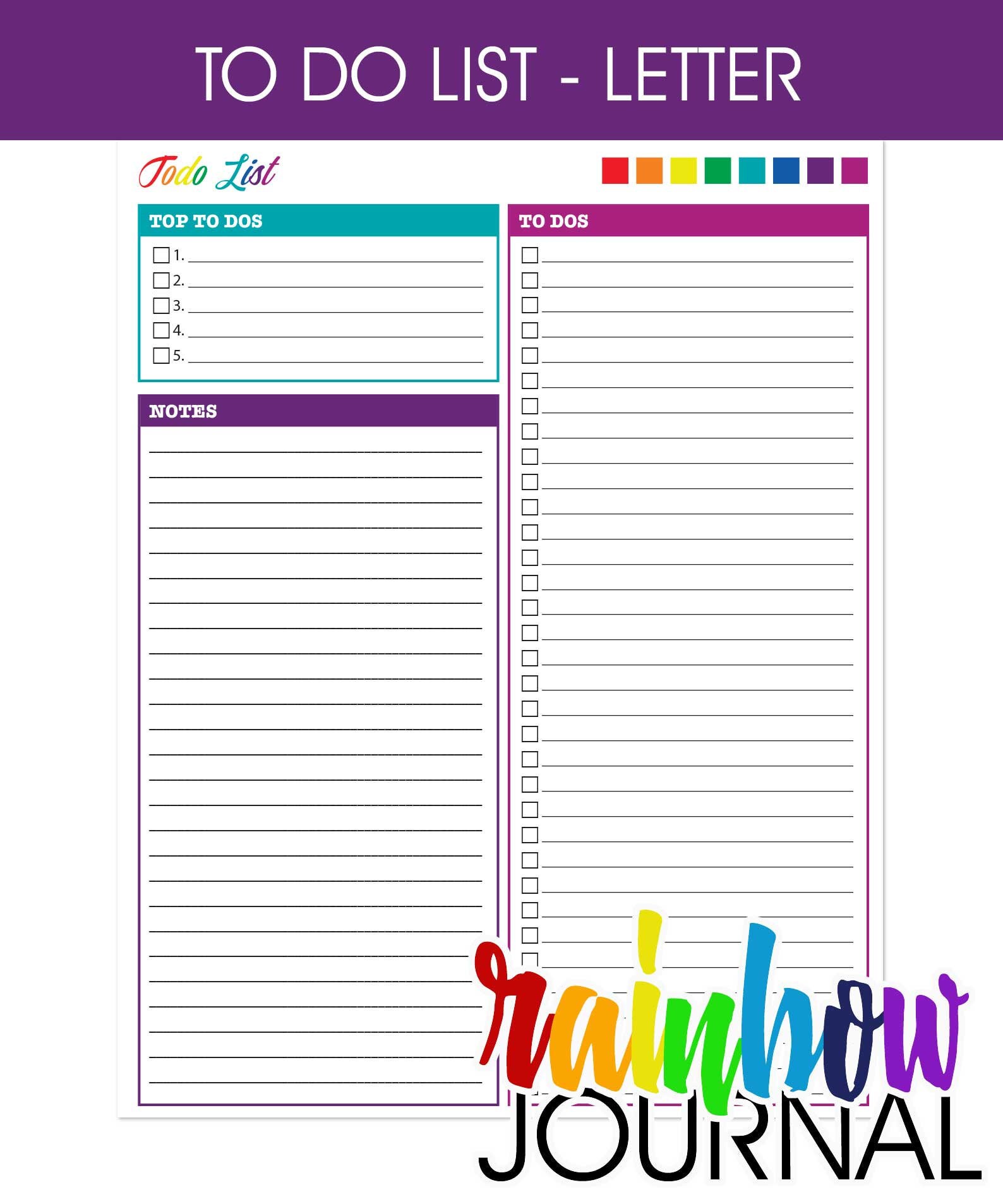 To Do List Rainbow Journal Printable to Do List Planner Page Task Notes ...