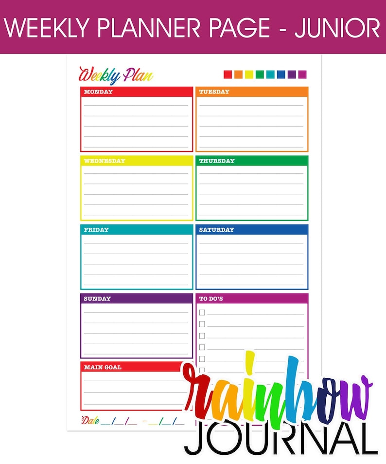 Rainbow Journal Weekly Printable Planner Page, Junior Half Size ...