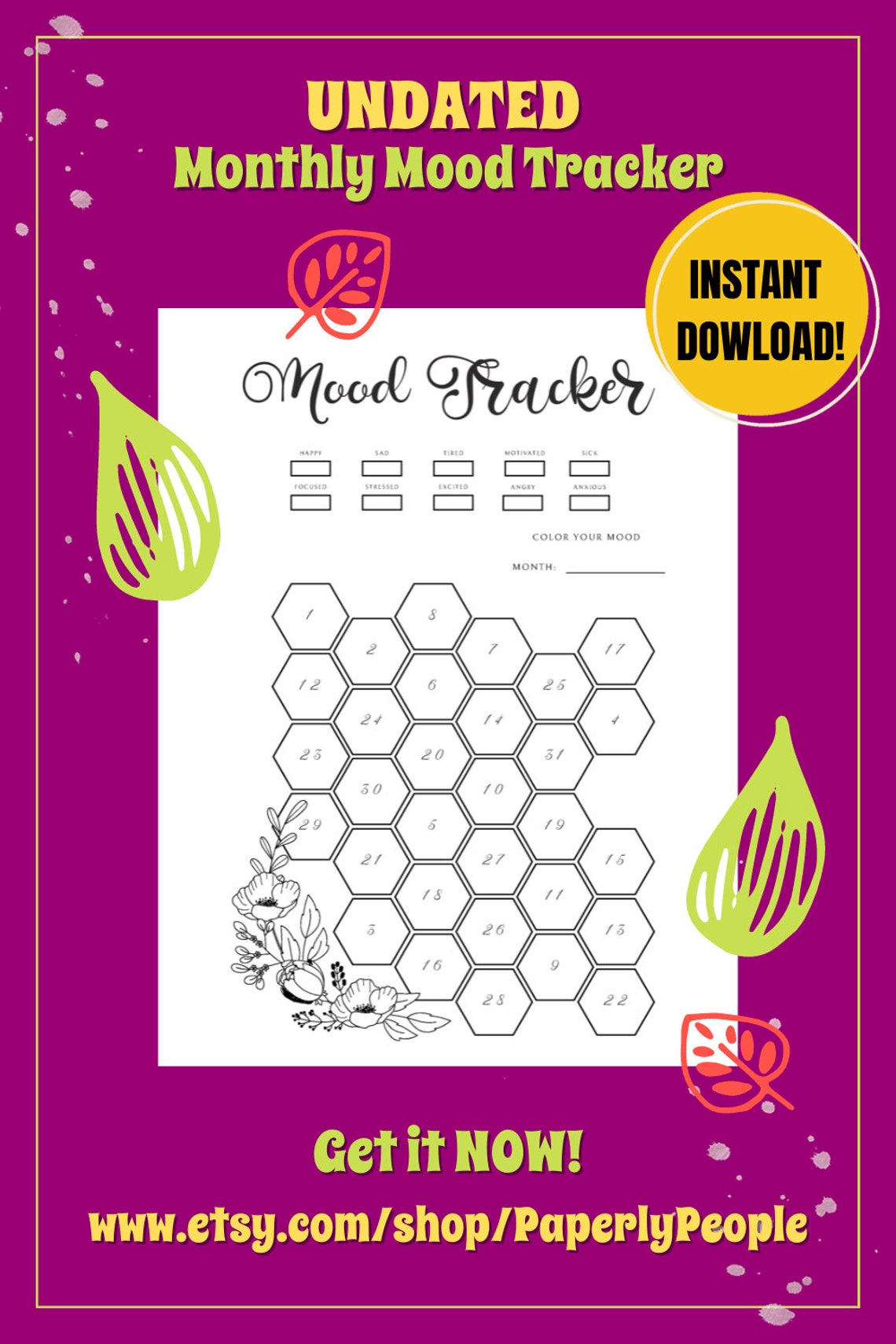 Printable Mood Tracker Worksheet | Anxiety Tracker | 30 Day Undated US ...