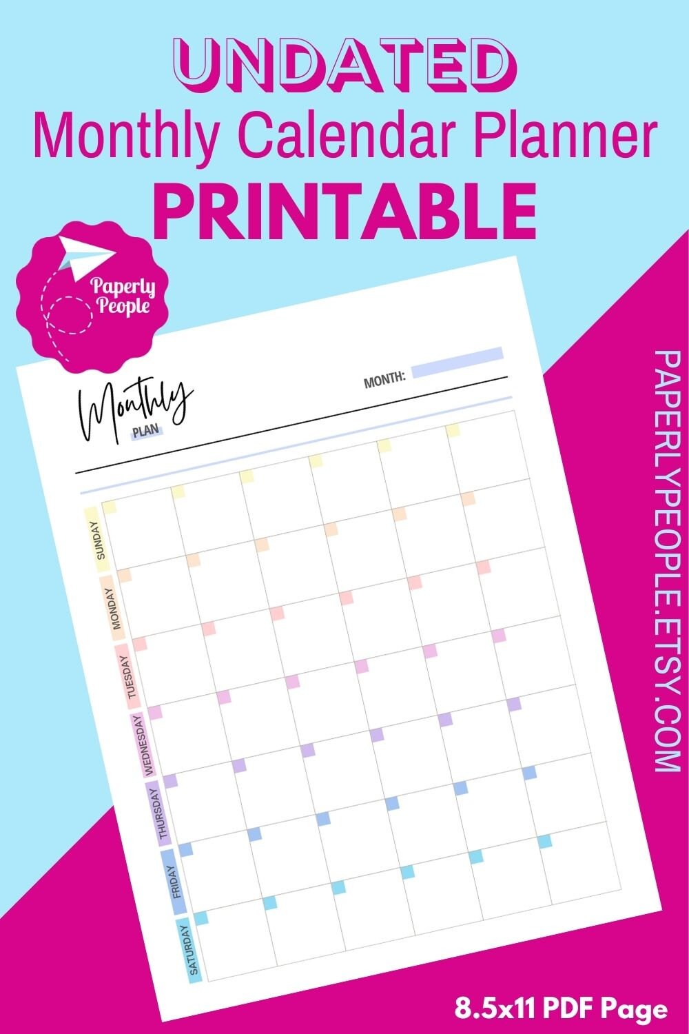Printable Monthly Planner Undated Monthly Calendar Sheet Minimalist ...