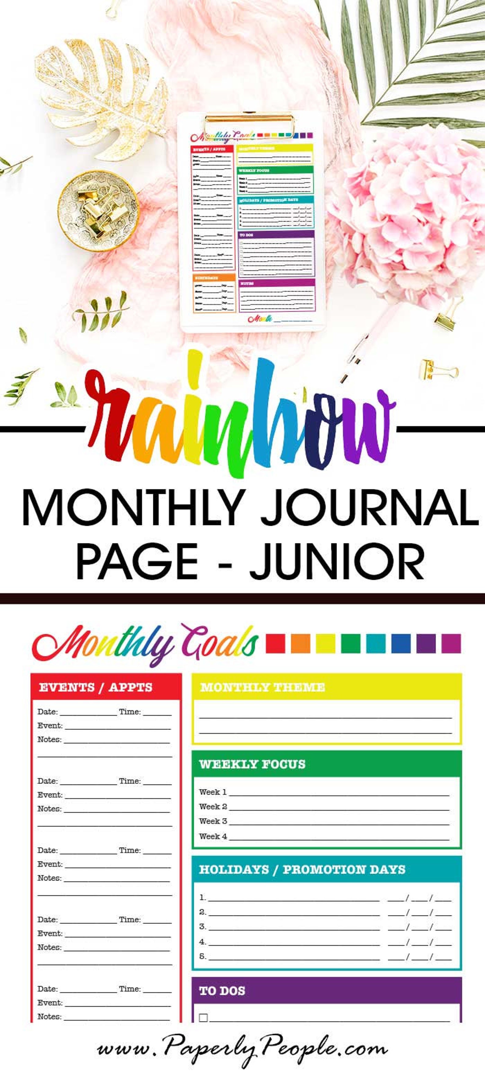 Rainbow Journal Monthly Printable Planner Page, Junior Half Size ...