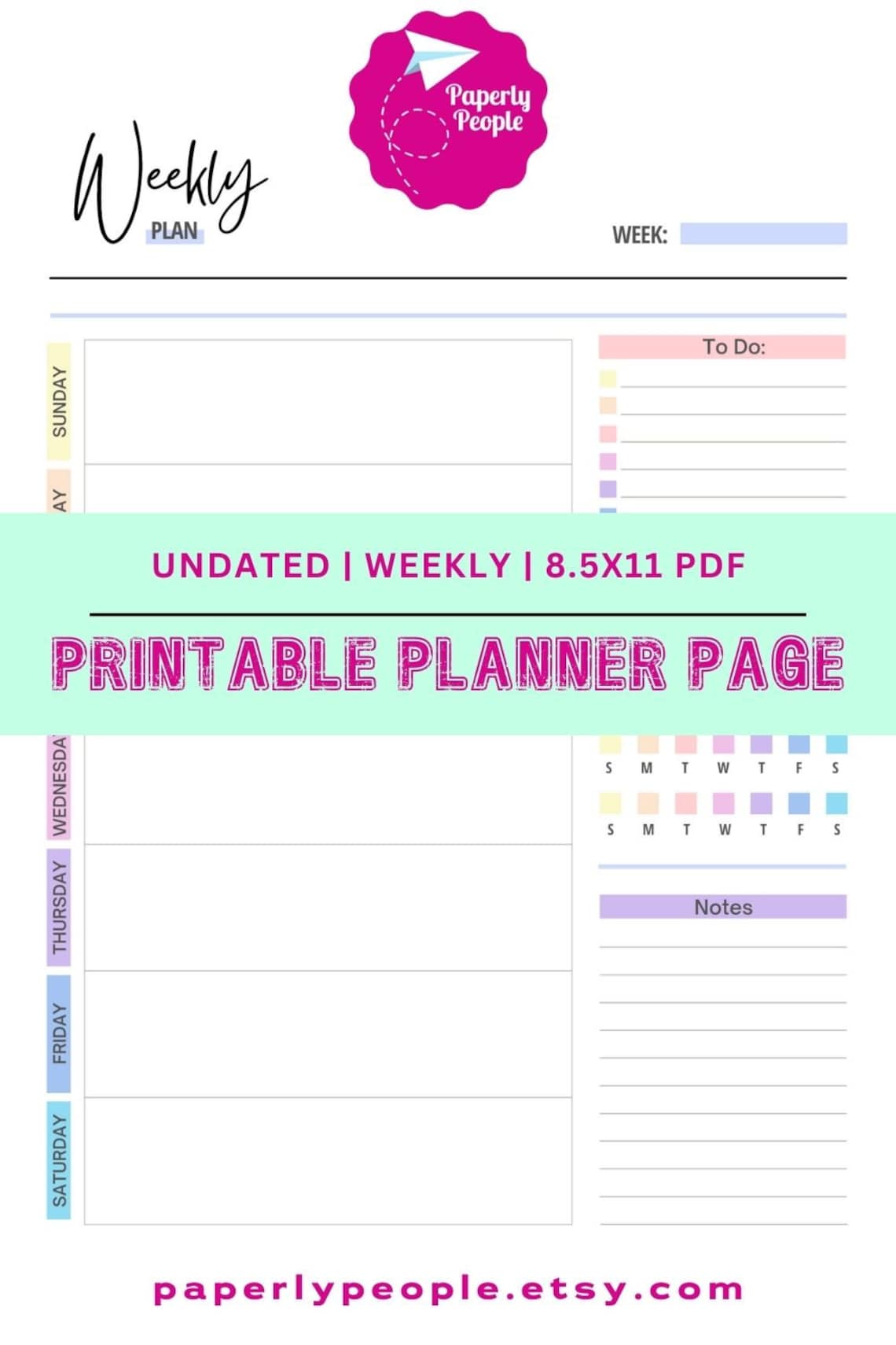 Printable Weekly Planner Undated Weekly Goal Sheet Minimalist Planner 8 ...