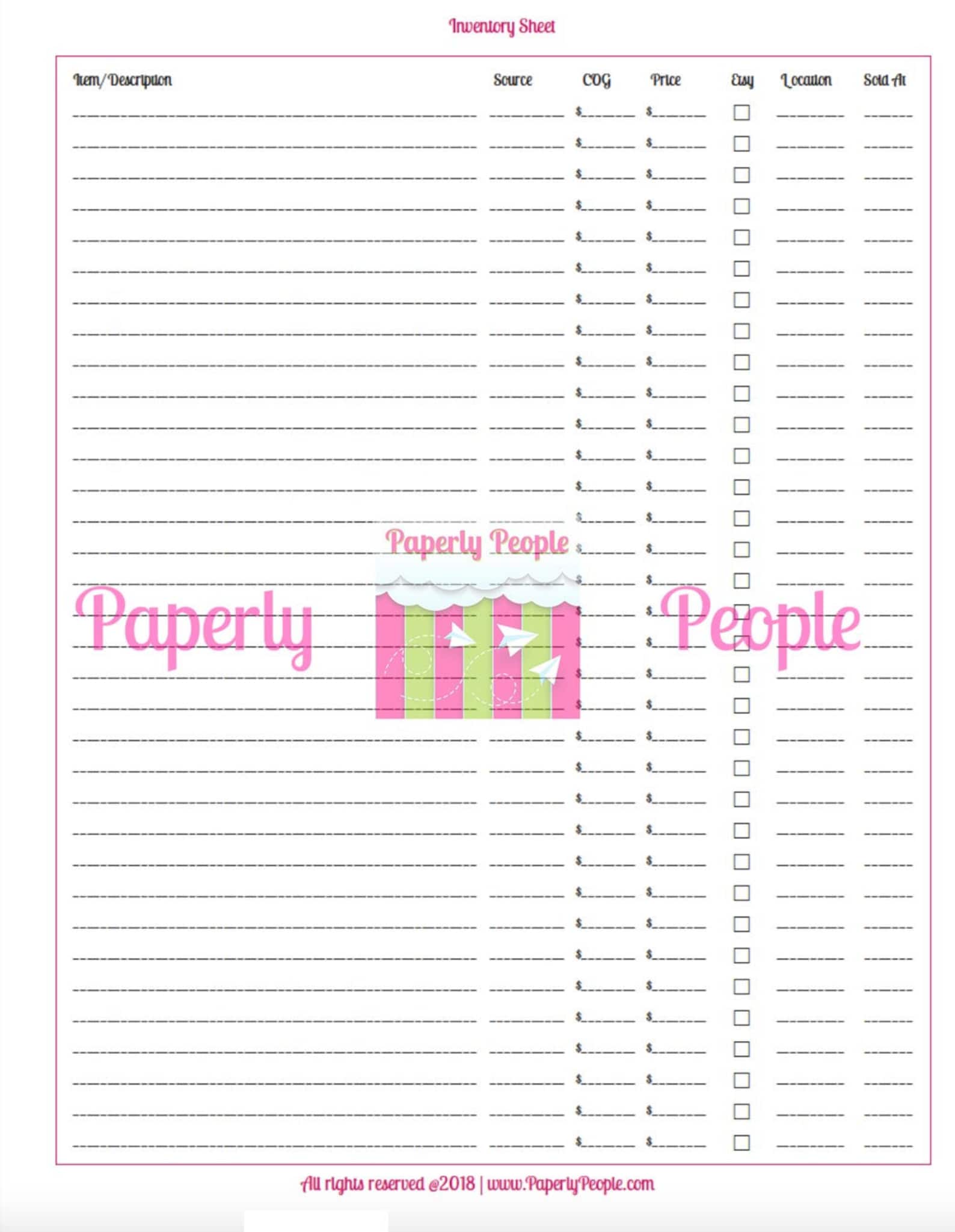 Inventory Sheet - Etsy Ebay Planner Page , Product Tracker, Etsy Seller ...