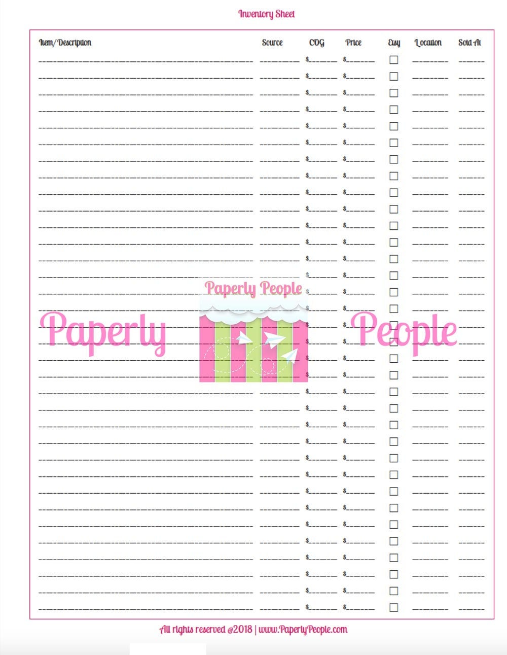 Inventory Sheet - Etsy Ebay Planner Page , Product Tracker, Etsy Seller ...