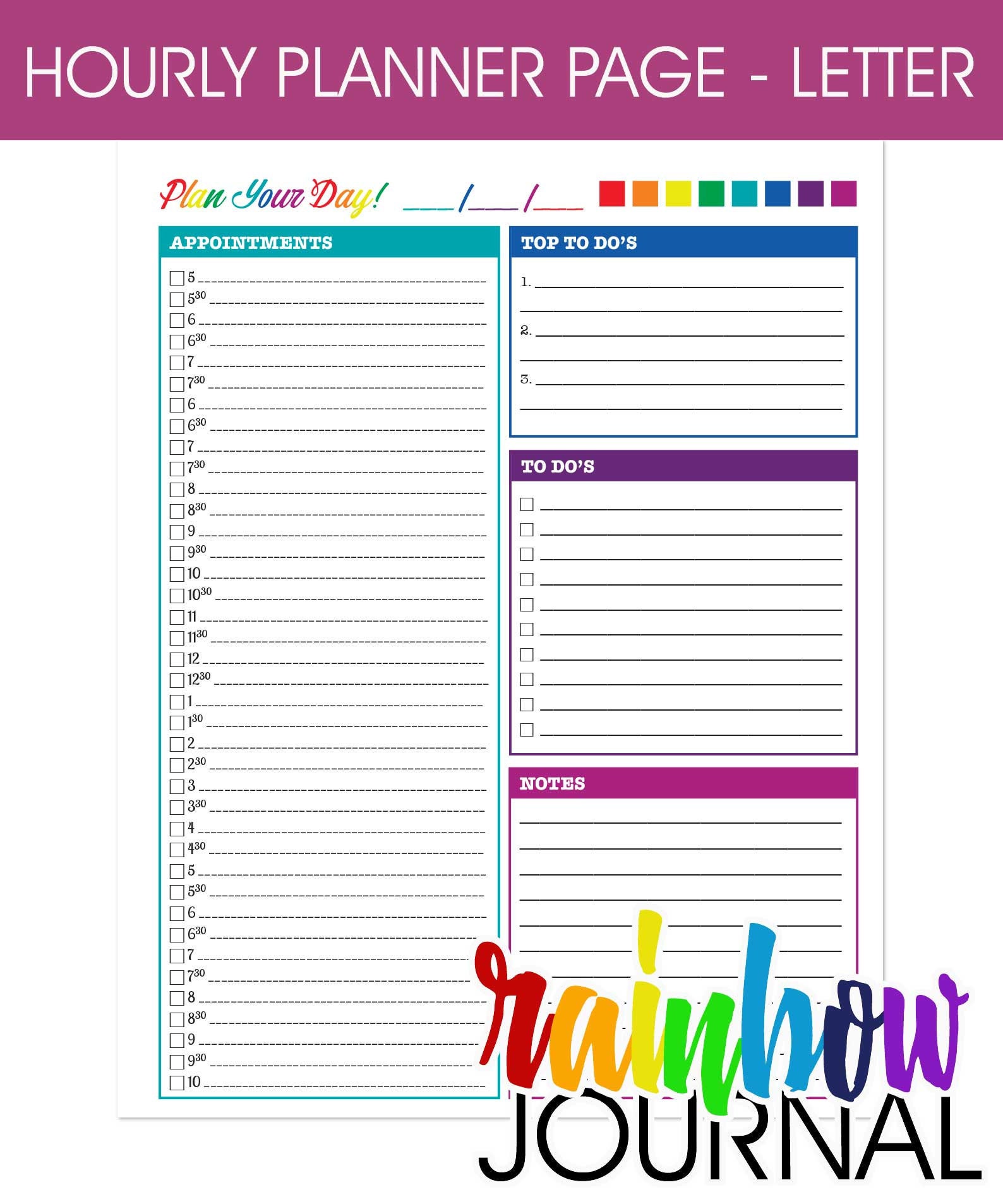 Hourly Printable Planner Page Rainbow Journal Daily Pages US Letter ...
