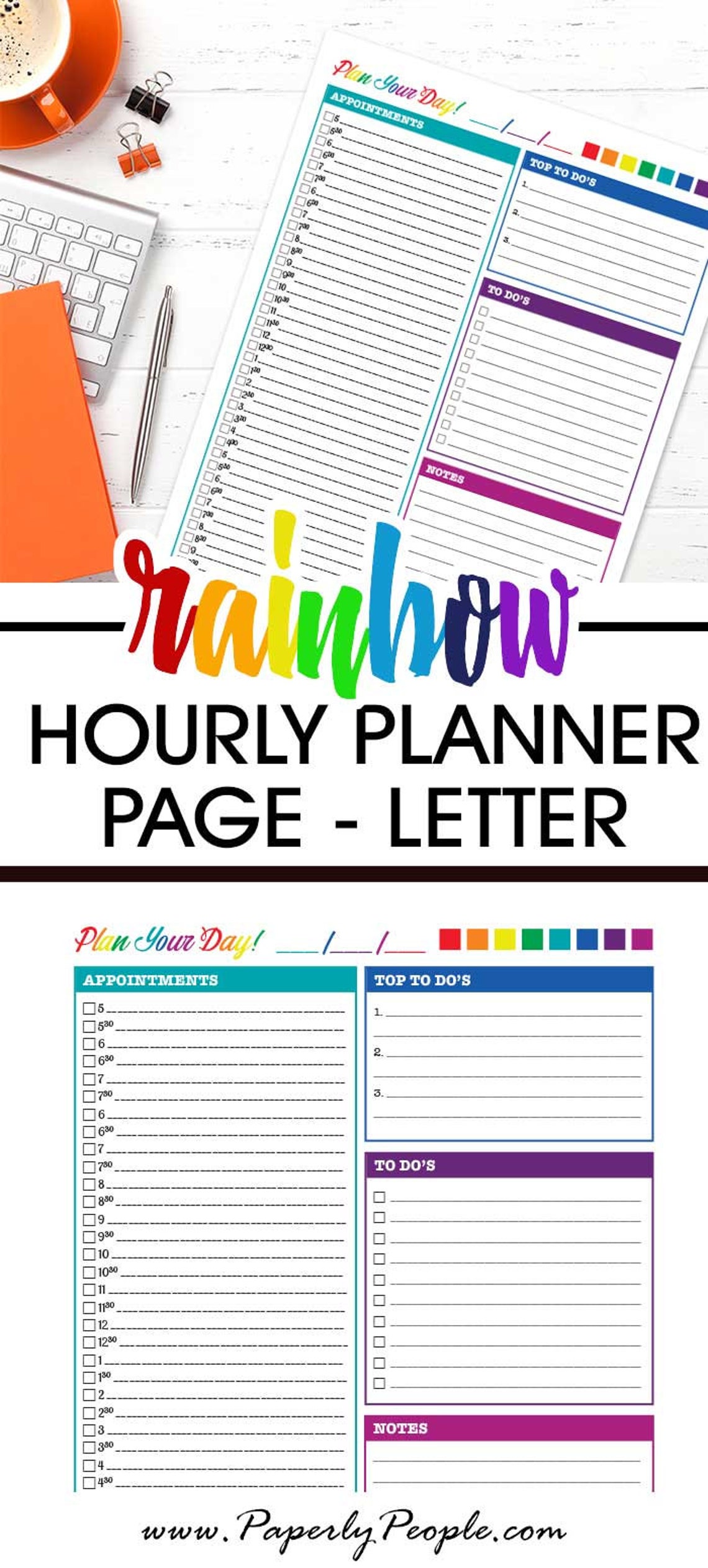 Hourly Printable Planner Page Rainbow Journal Daily Pages US Letter ...