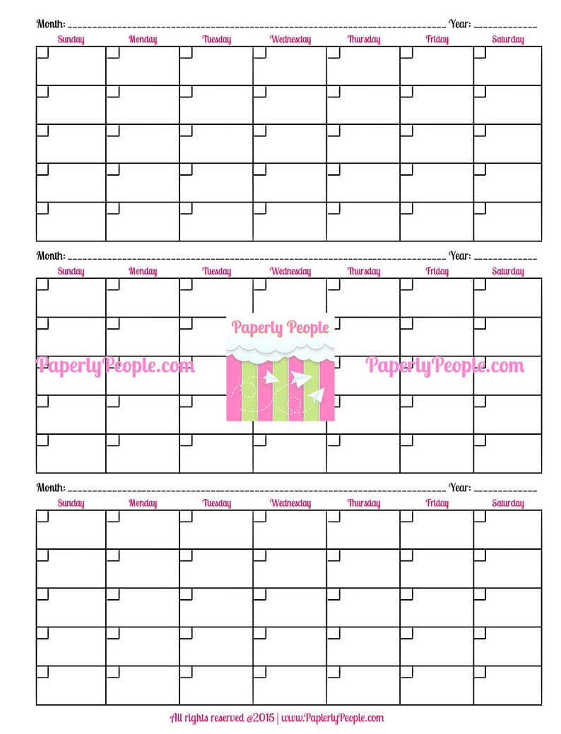 3 Month Calendar - Printable Planner Sheets, 8.5X11 Letter Sized, Great ...