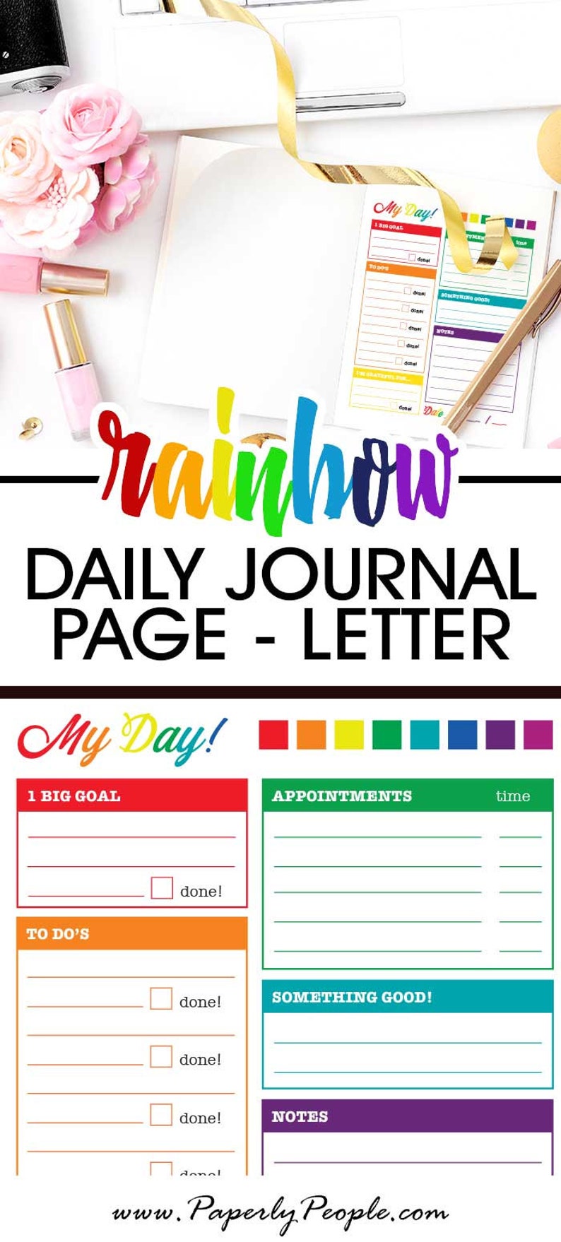 Rainbow Journal Daily Printable Planner Page, US Letter Size 8.5 X 11 ...