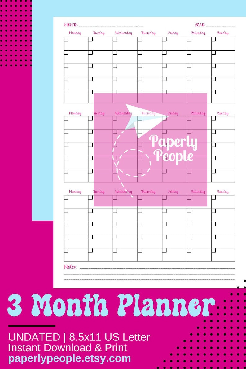 3 Month Calendar | Printable Planner Sheet | 8.5X11 Letter Sized ...