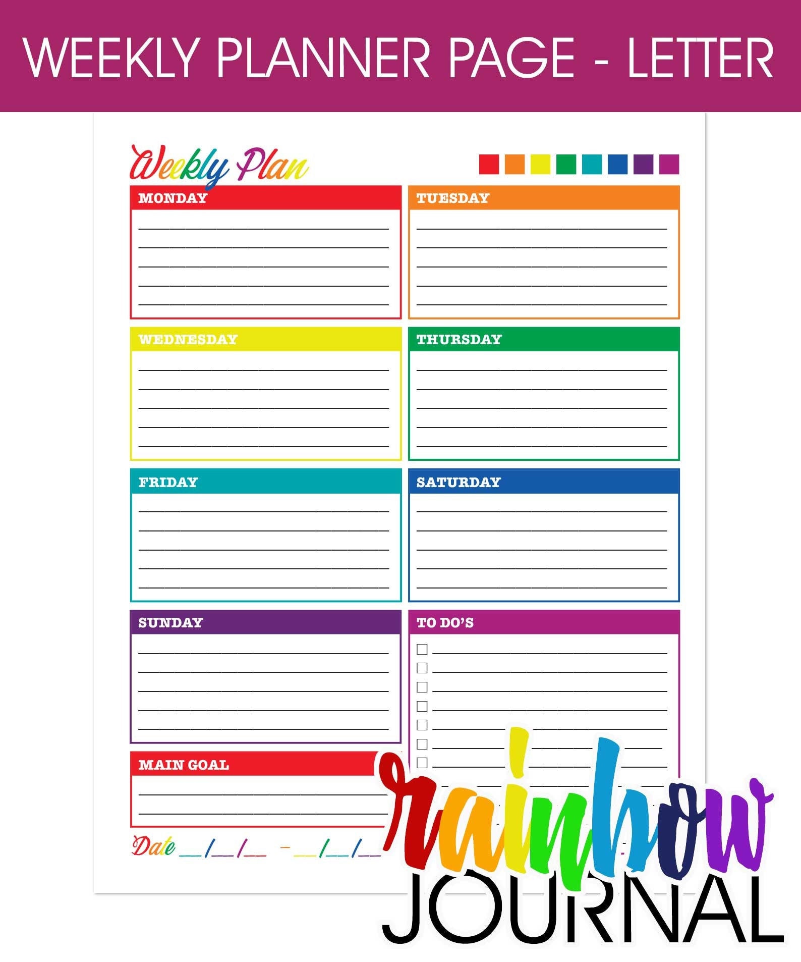 Rainbow Journal Weekly Printable Planner Page, US Letter Size 8.5 X 11 ...