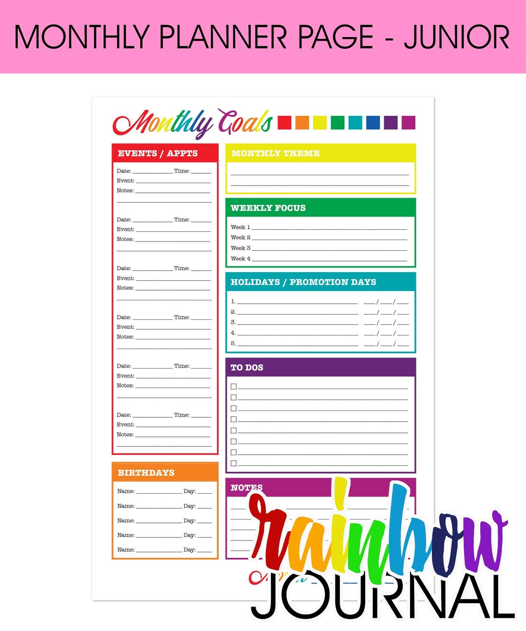 Rainbow Journal Monthly Printable Planner Page, Junior Half Size ...